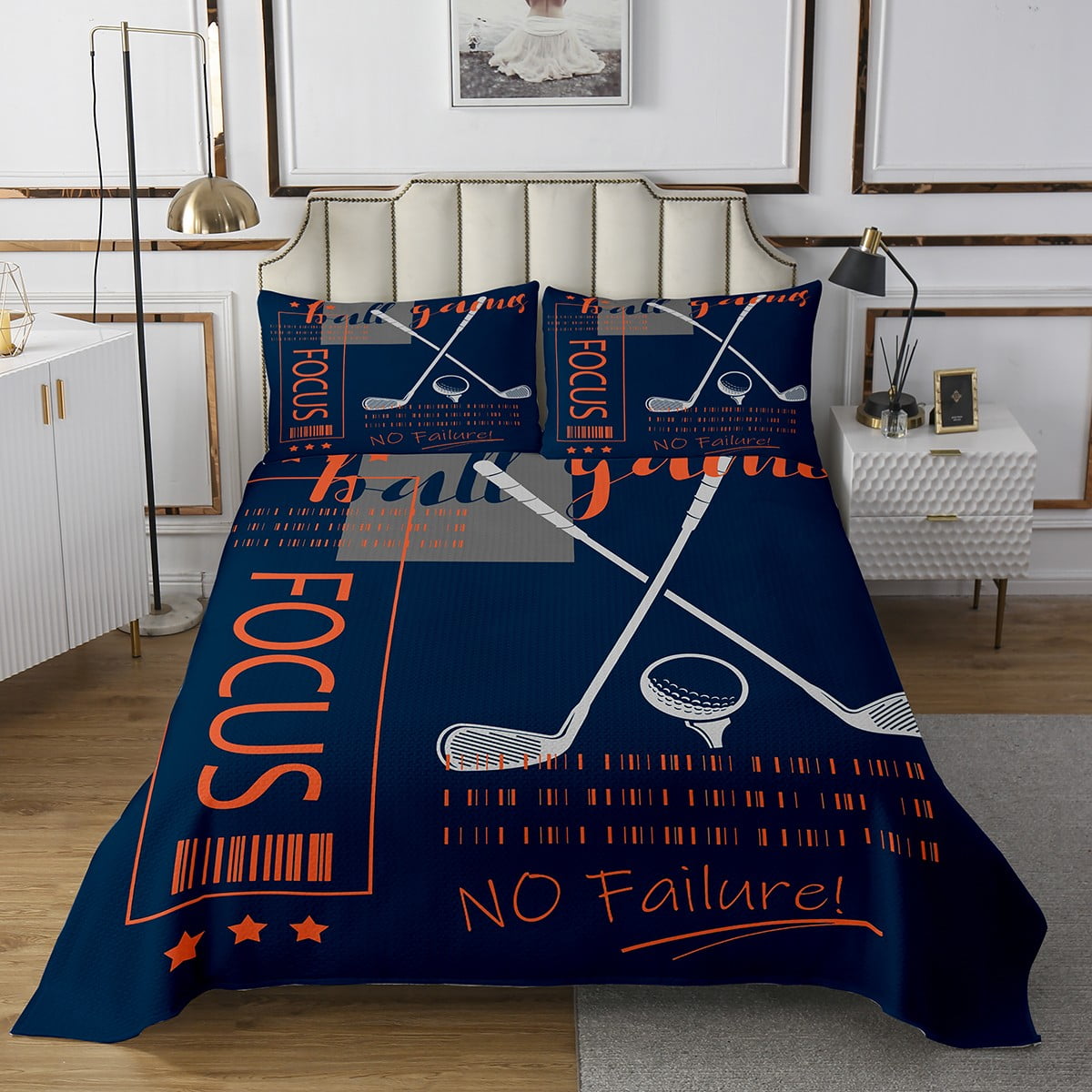 Golf Quilt Set King Size Sports Theme Bedding Sets,Dark Blue Orange ...