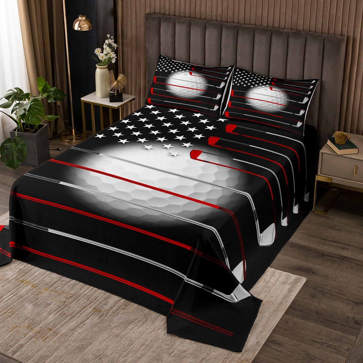 Golf Quilt Set For Men, American Flag Bedspread Set Golf Shape Pattern ...