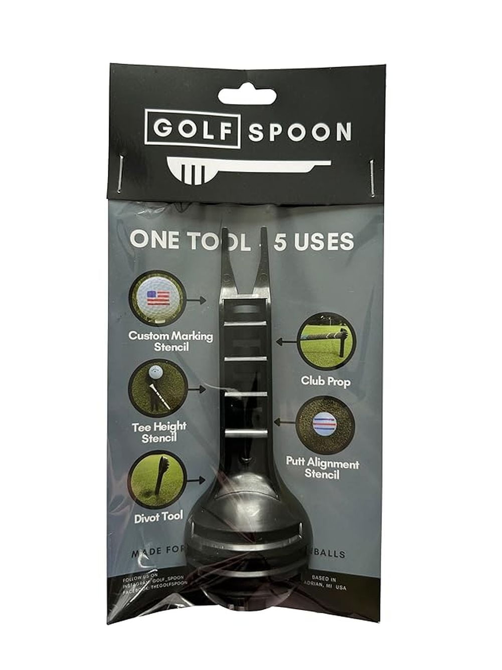 Golf SPOON 5-in-1 Tool (Divot Tool/Stencil/Alignment/Club Rest/Tee ...