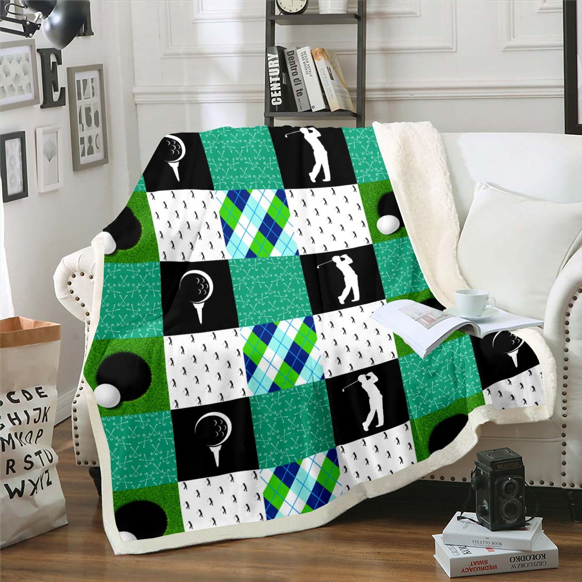 Golf Sherpa Blanket Sports Blanket, Black White Green Throw Blanket for ...