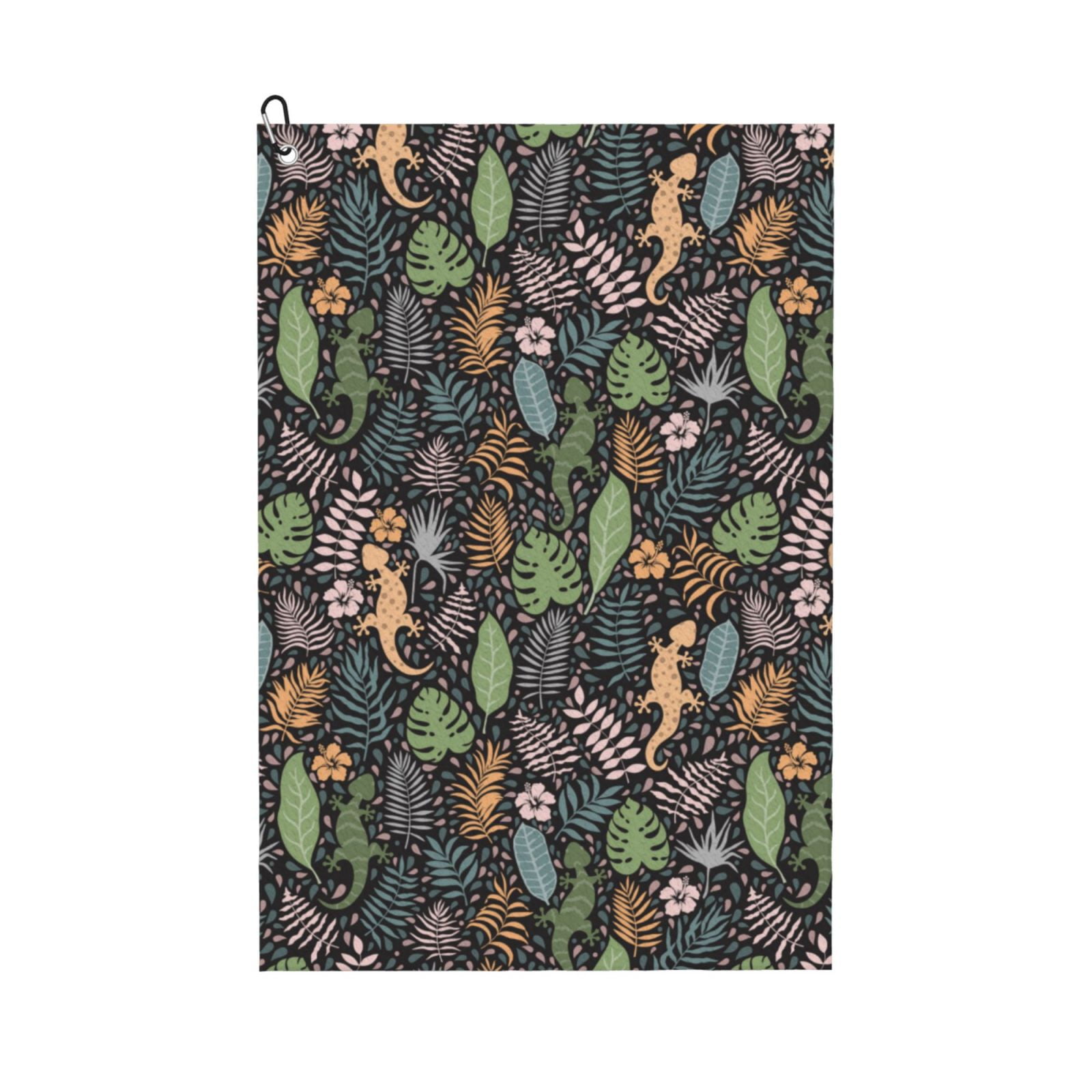 Golf Towel - Cute Lizard Gecko Tropical Plant Waffle Pattern Golf ...