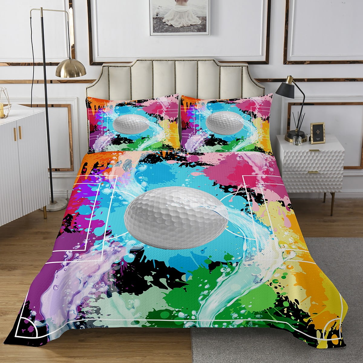 Golf Twin Bedspread Set,Golf Ball Print Bedspread Sets,Rainbow ...