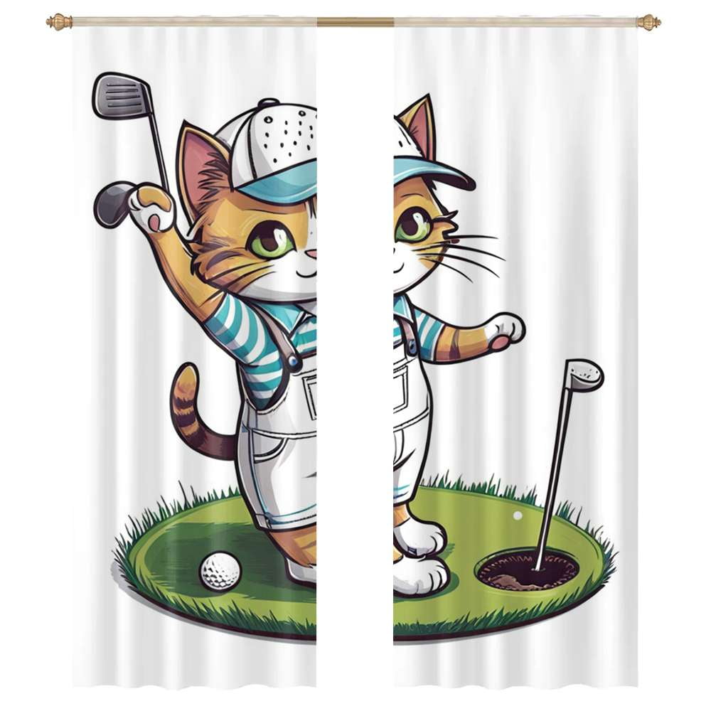 Golfing Cat Cartoon Sheer Voile Curtain Window Tulle Curtains For ...