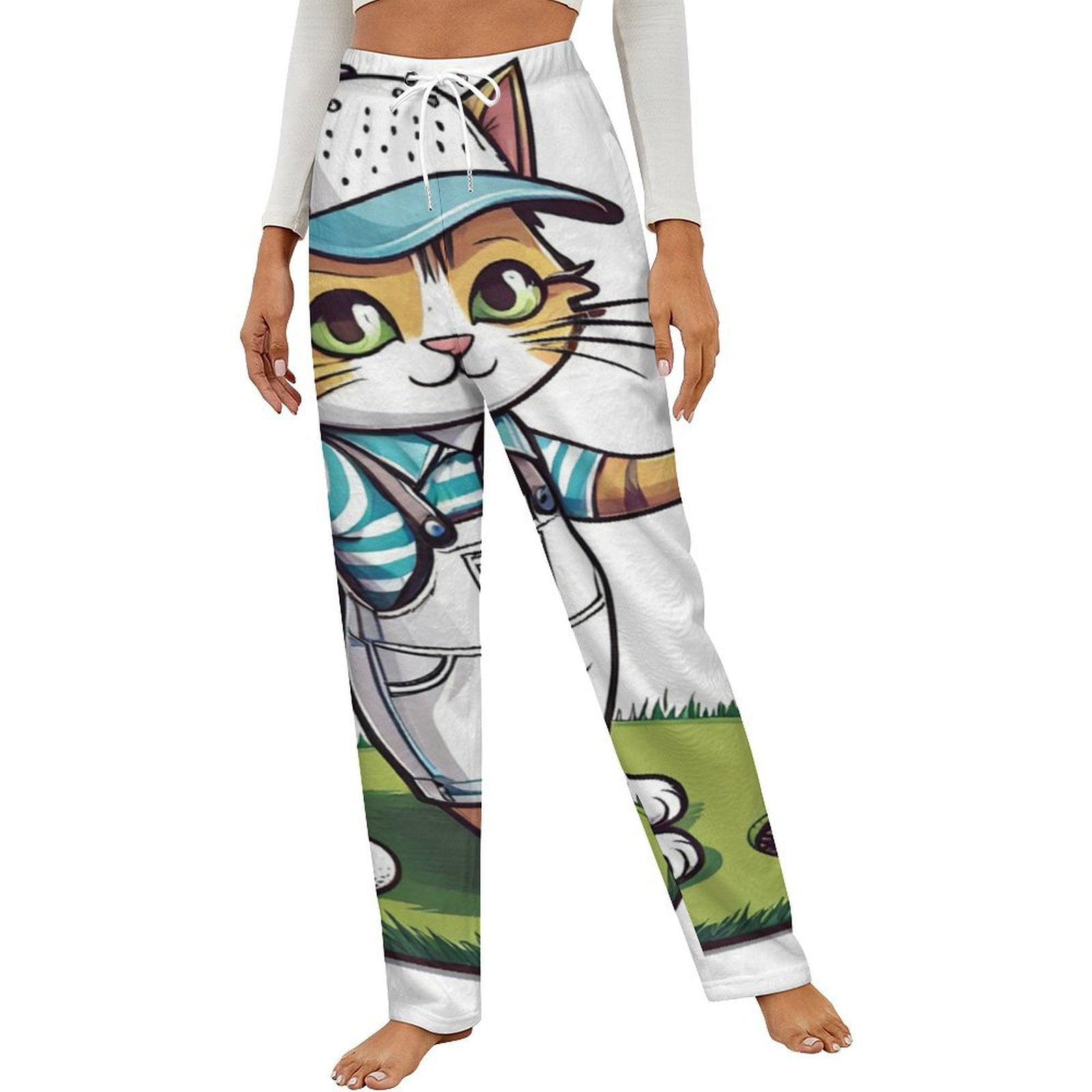 Golfing Cat Cartoon Winter Female Pants Flannel High Waist Women Pants ...