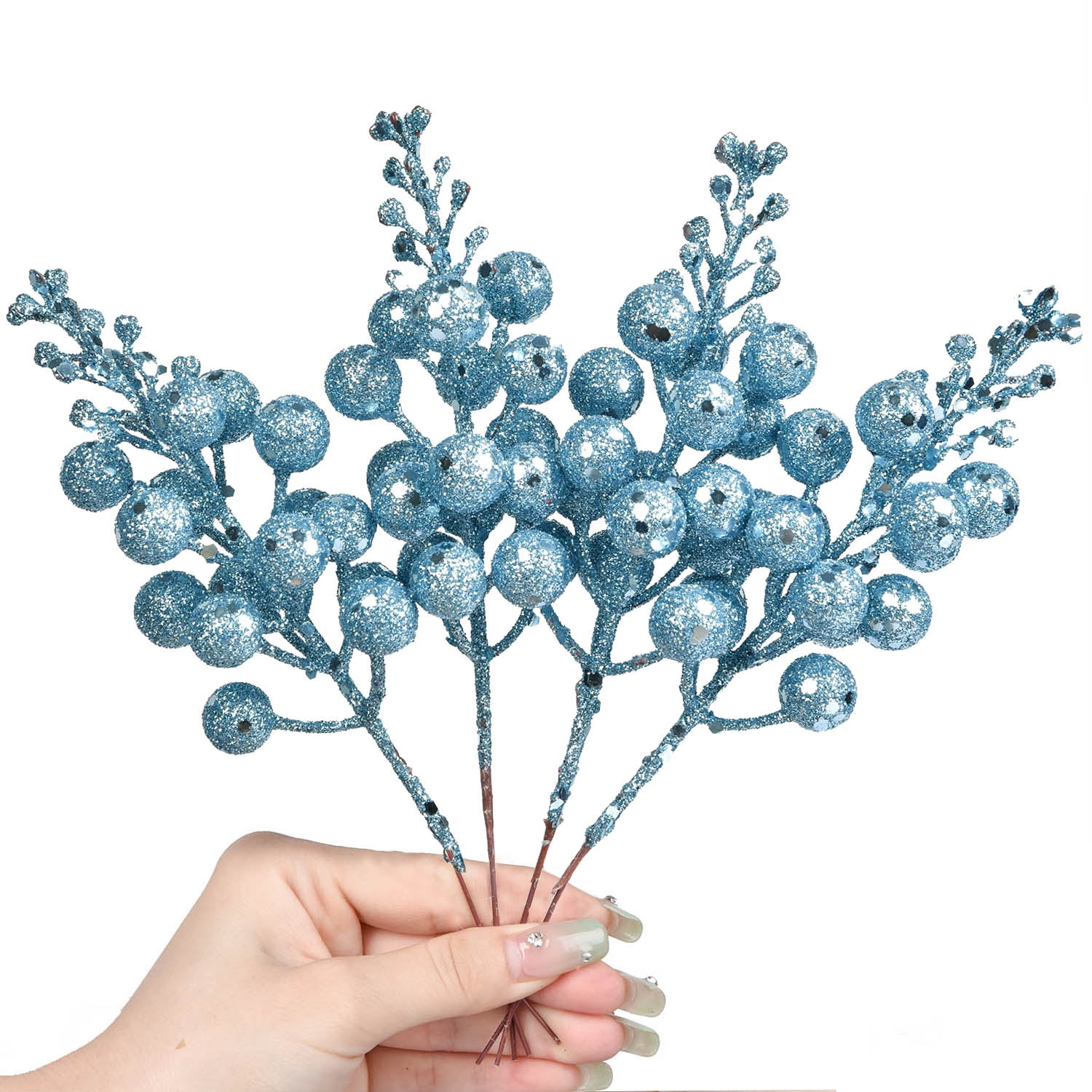 Gomaty 20 Pack, 8 Inch Light Blue Glitter Berries Stems, Artificial ...