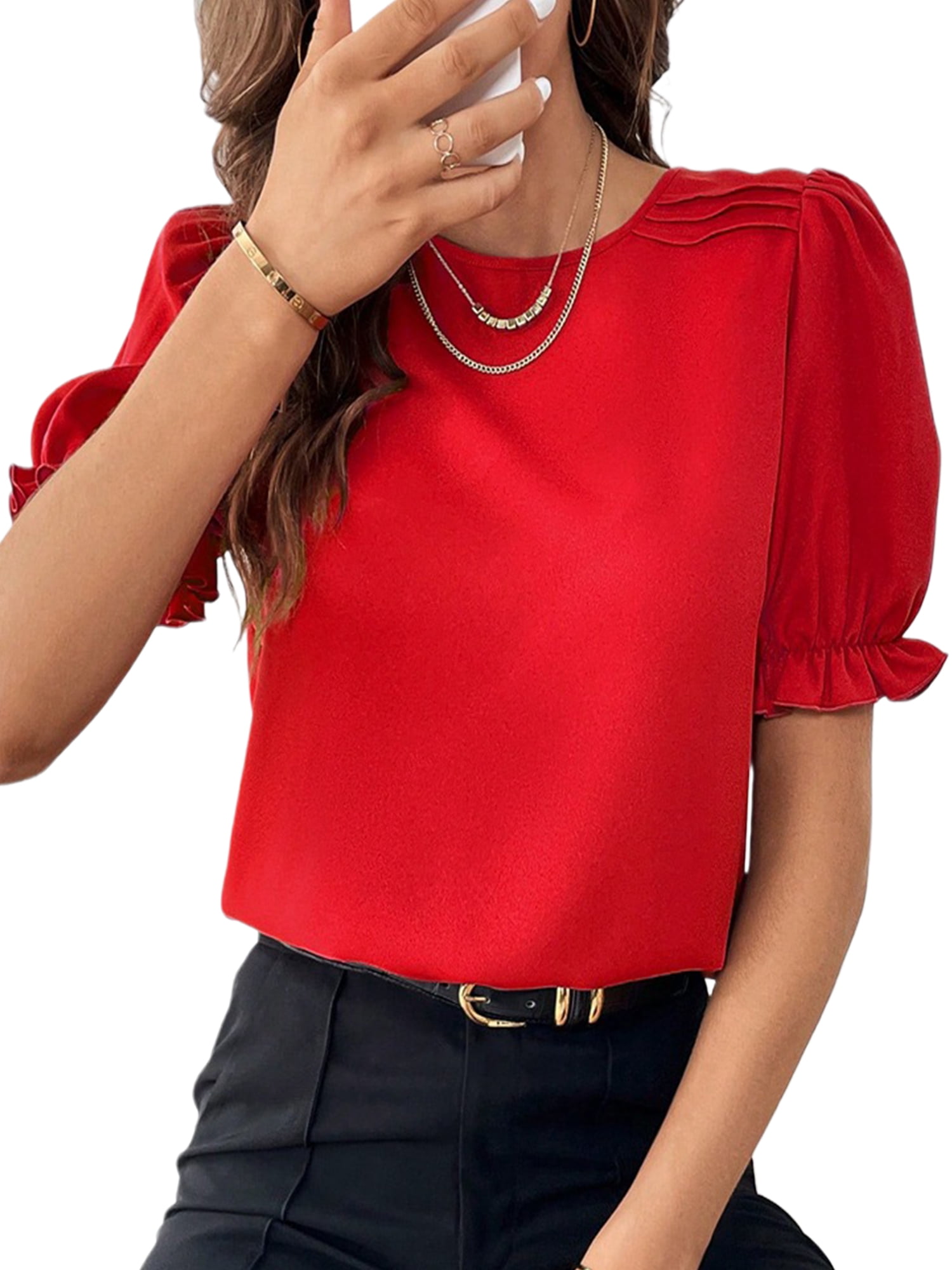 Gomelly Ladies Summer Tops Crew Neck T Shirt Casual T-shirt Women Loose Beach Pullover Ruffle ...