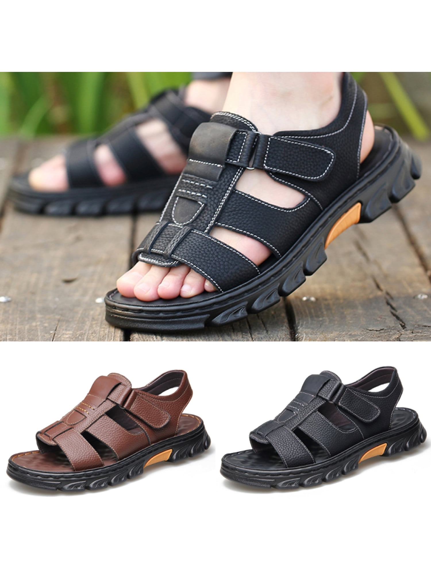 Gomelly Mens Summer Sandals Adjustable Strap Beach Shoes Open Toe Walking Casual Sandal Black 5. ...