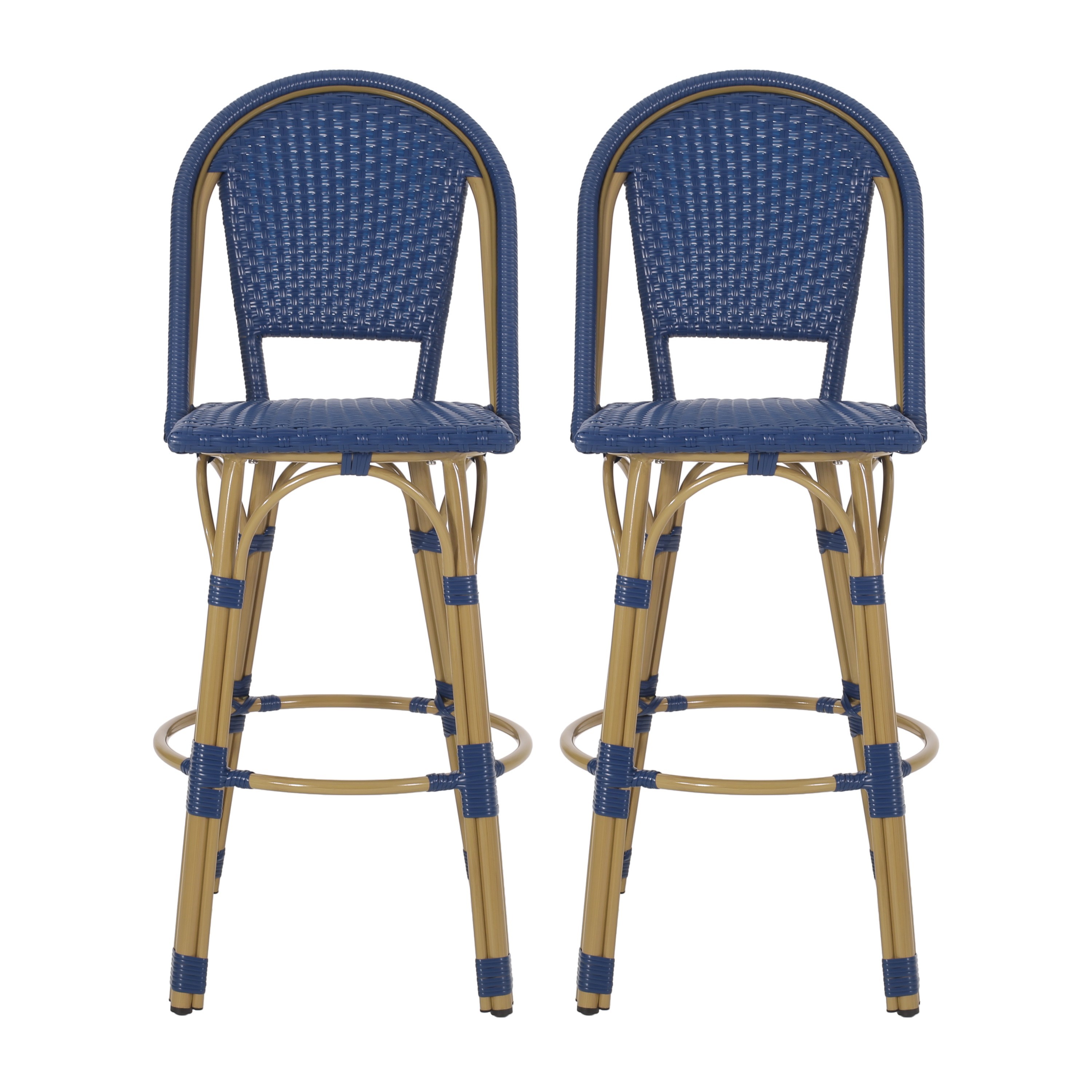 Gomy Outdoor Barstool Char Set of 2, Blue Wicker Woven, Brown Aluminum ...