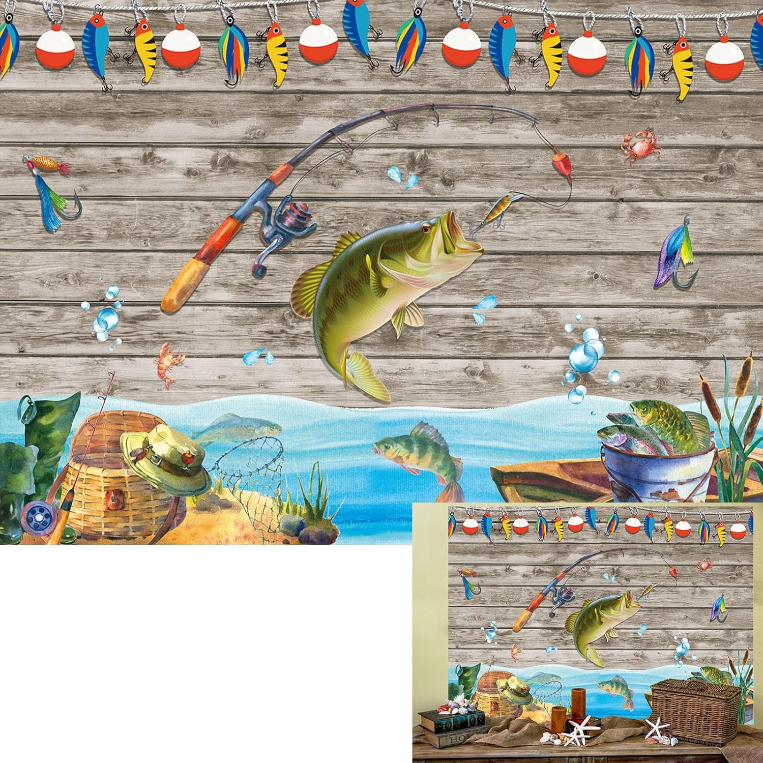 Gone Fishing Backdrop Fish Wall Party Fishing Gear Rustic Wood Kids ...