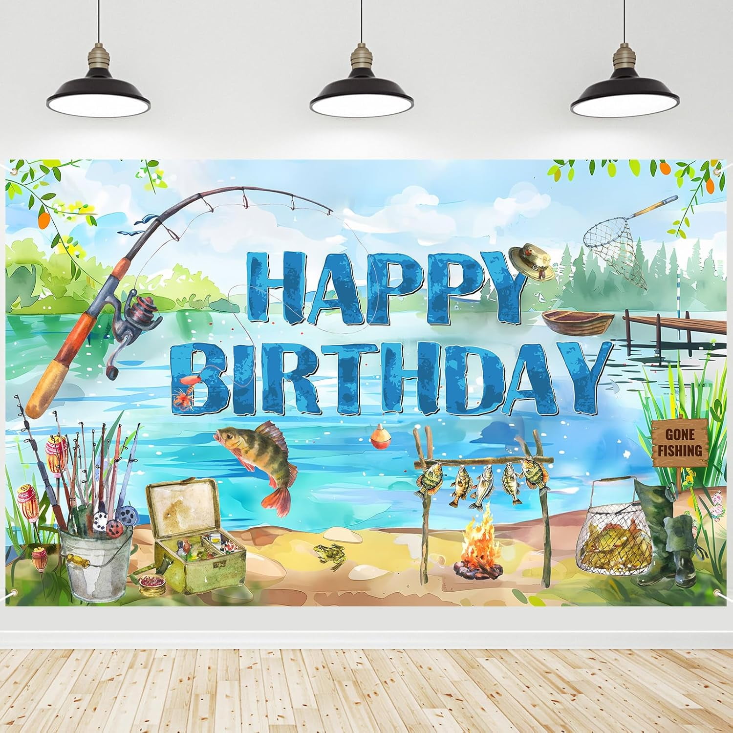 Gone Fishing Birthday Banner, Fishing Theme Birthday Party Decorations ...