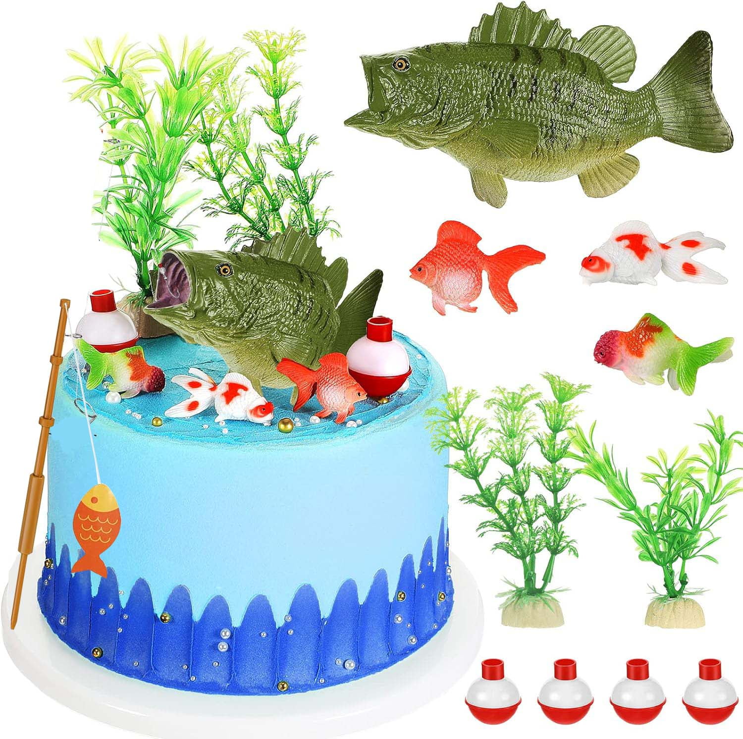 Qoadwem Gone Fishing Cake Decoration, Bass Figurine, Goldfish, Seaweeds ...