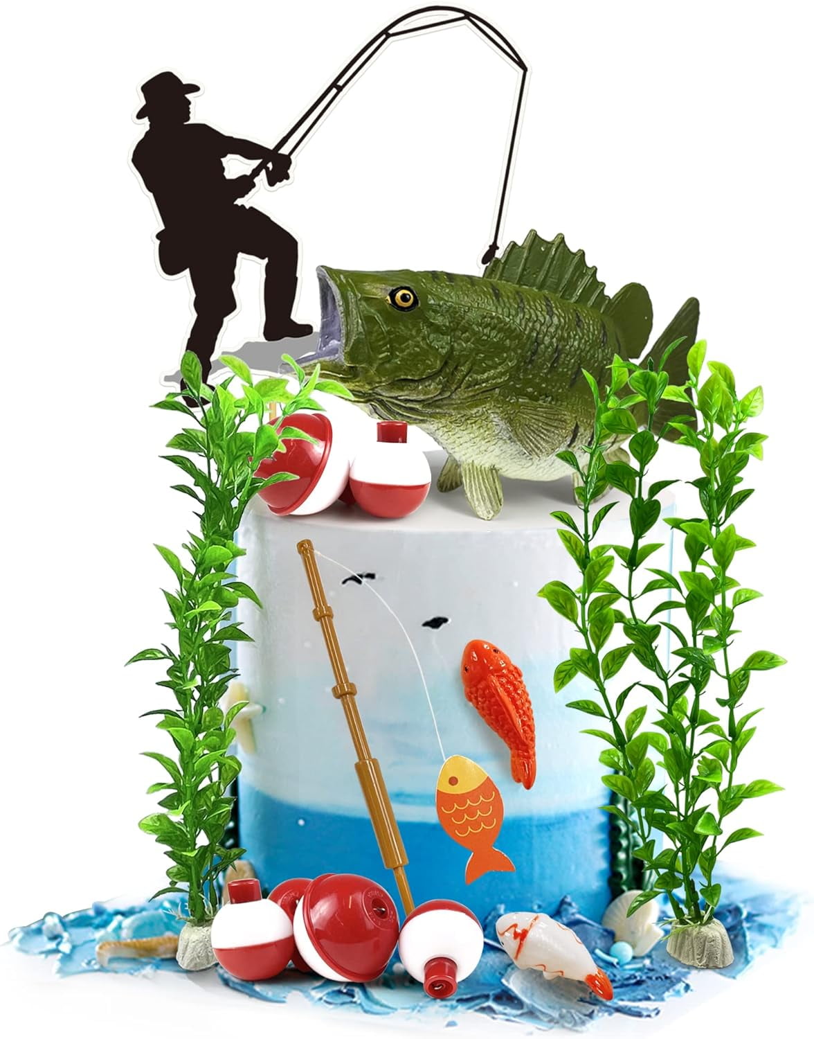 Qoadwem Gone Fishing Cake Topper, 14 Pieces Fisherman Theme Decoration ...