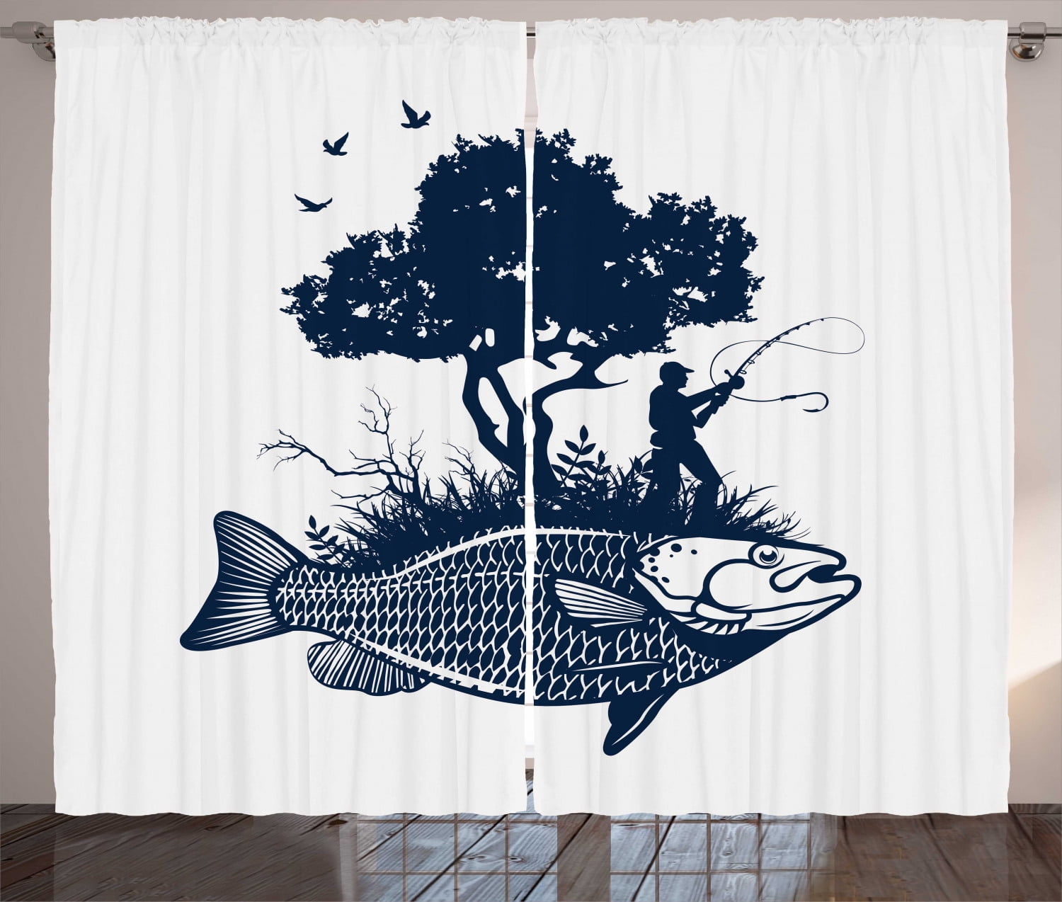 Ambesonne Fishing Theme Curtains 2 Panel Set, Man on Fish Island, 108 ...