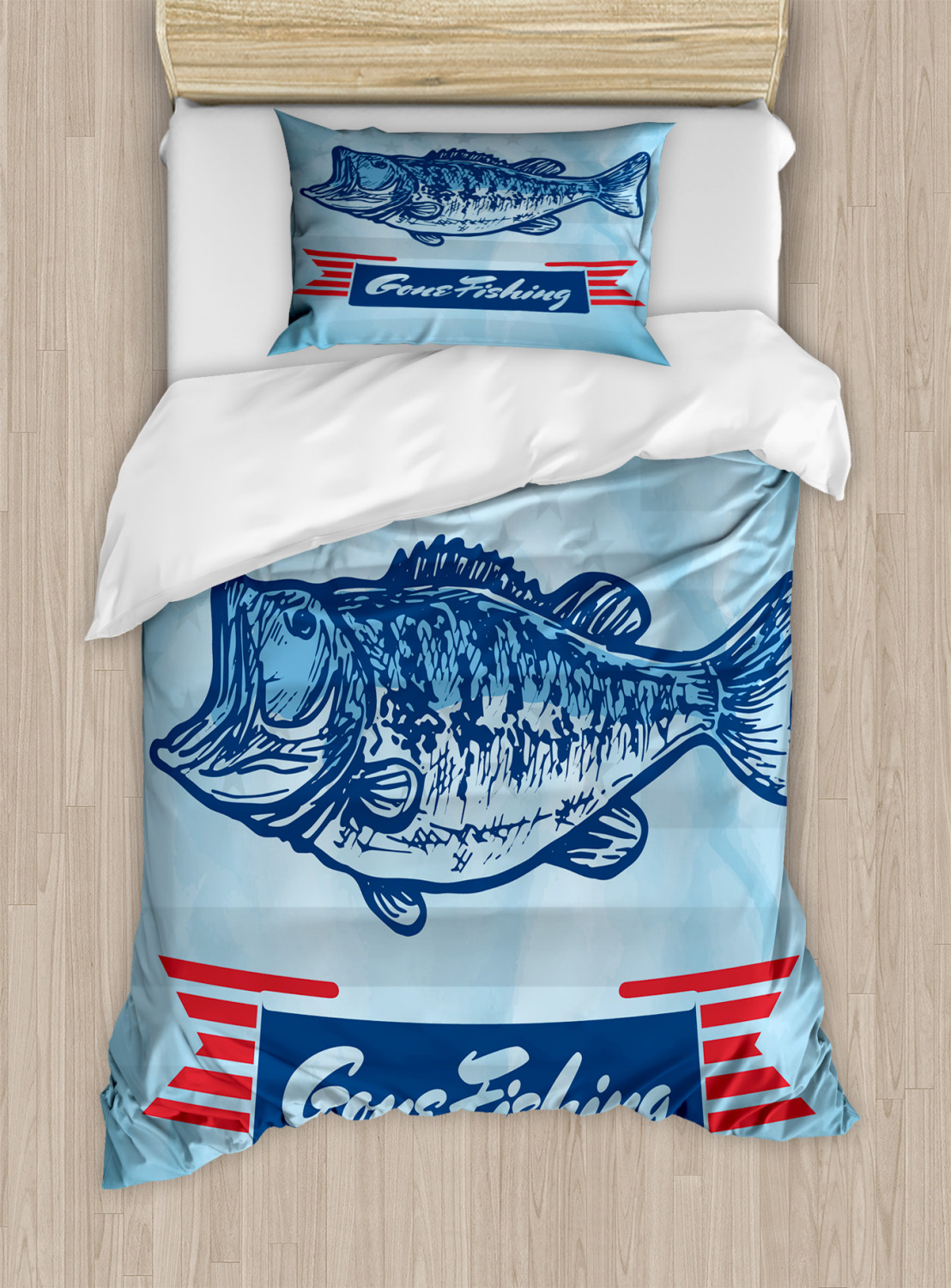 Gone Fishing Duvet Cover Set Twin Size, Trout Fish Pictogram with USA ...