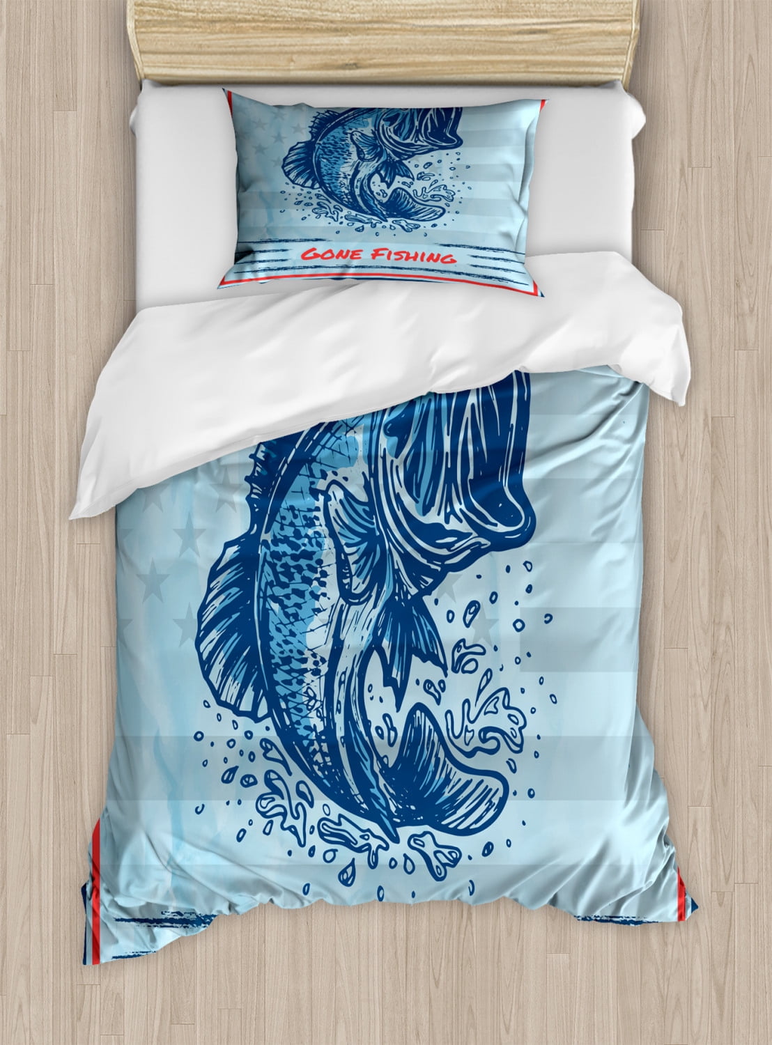 Gone Fishing Duvet Cover Set Twin Size, Vintage Design Trout Fish Stars ...