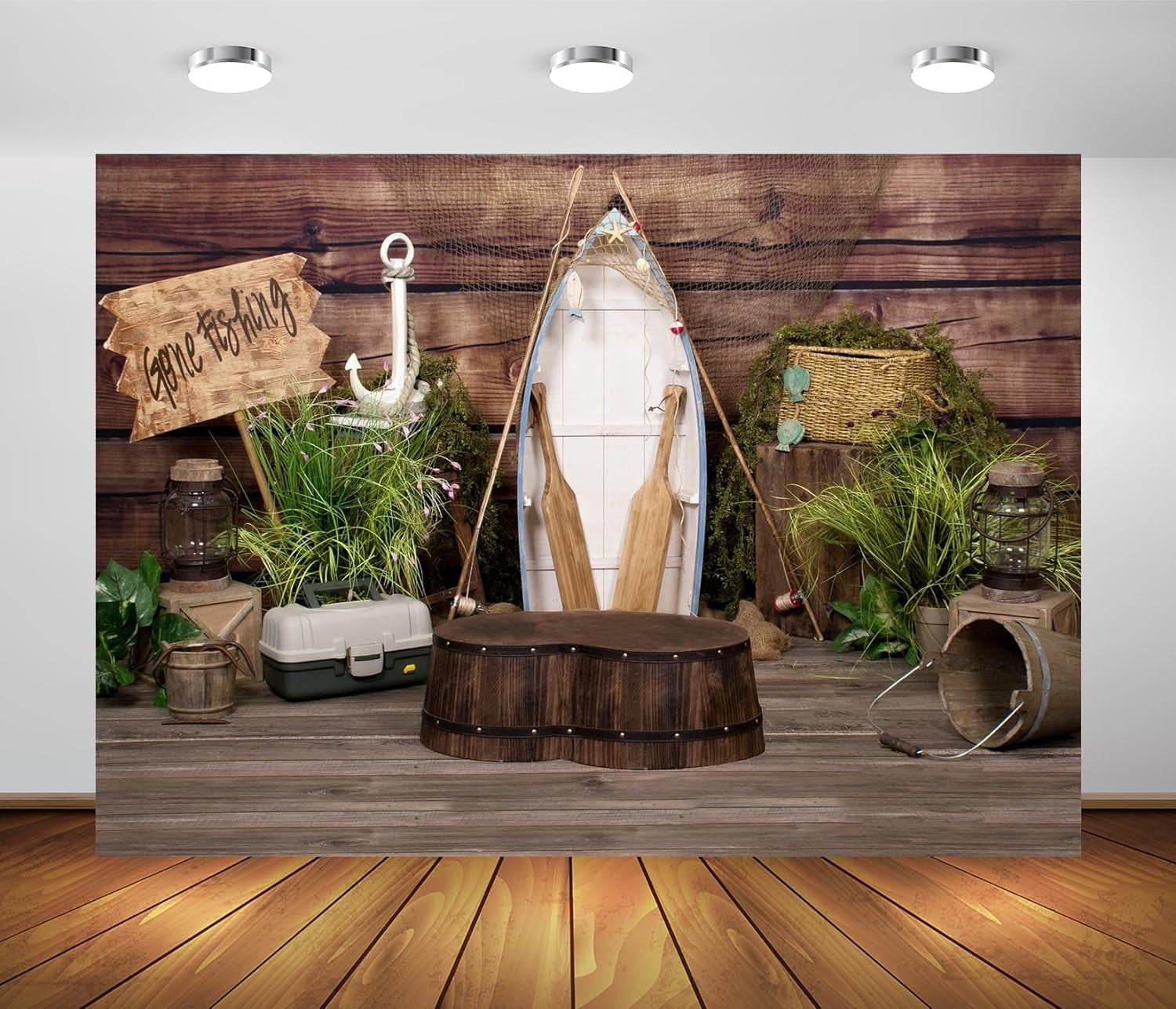 Gone Fishing Theme Backdrop Rustic Brown Wooden Board Fishing Boat Fishing Gear Nautical Fishing ...