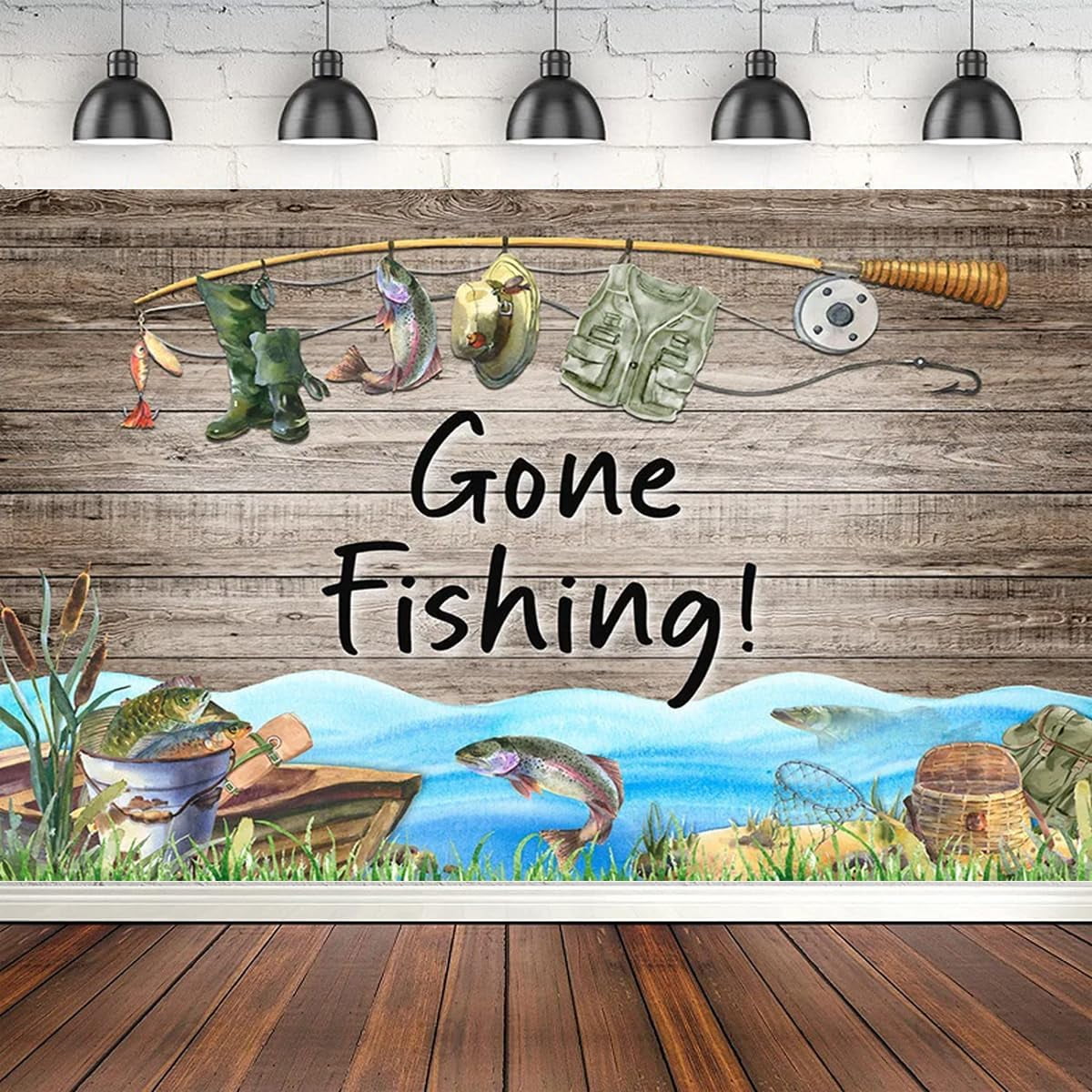 Gone Fishing Theme Photo Backdrop Wooden Wall Fishing Theme Birthday ...