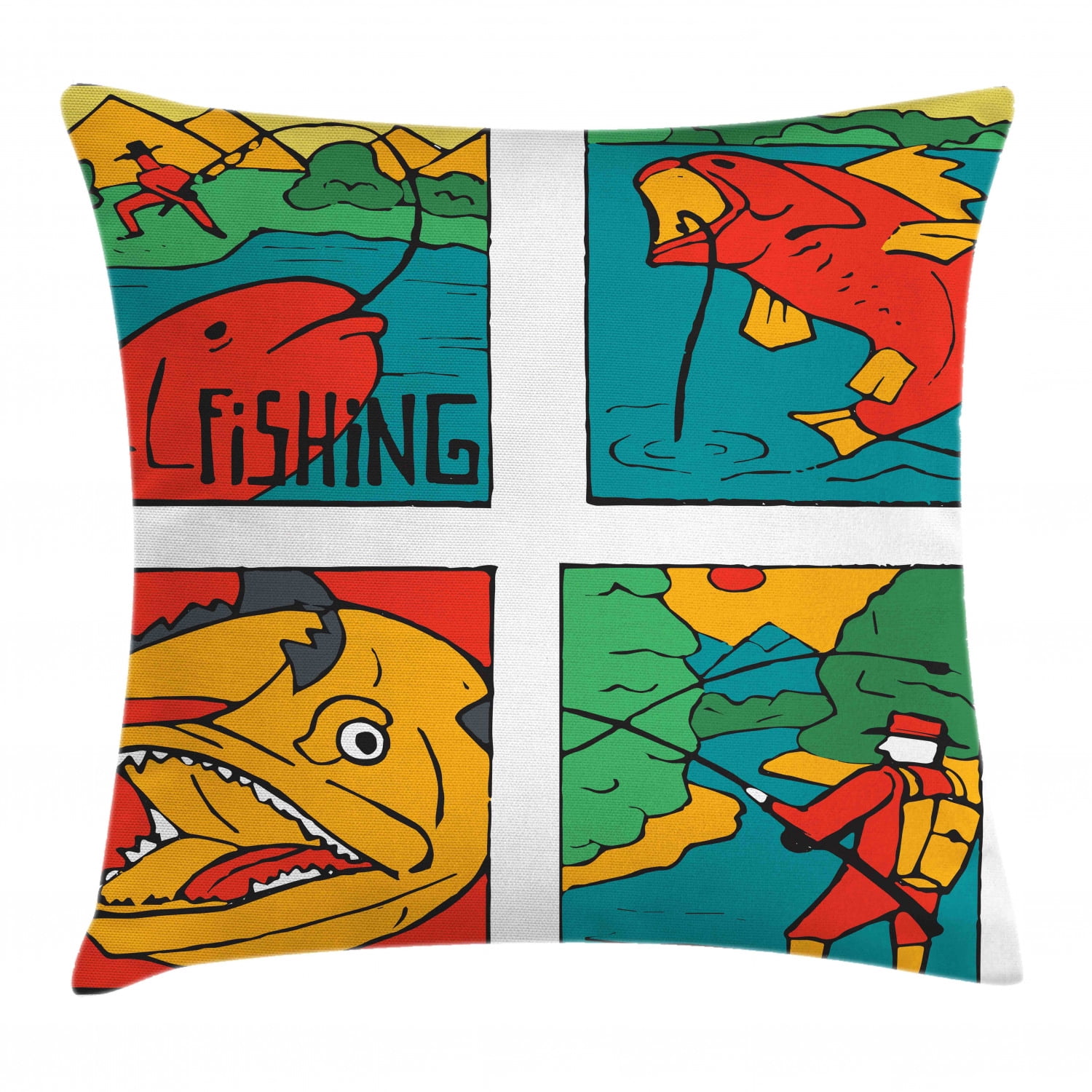 Gone Fishing Throw Pillow Cushion Cover, Colorful Caricature Cartoon ...