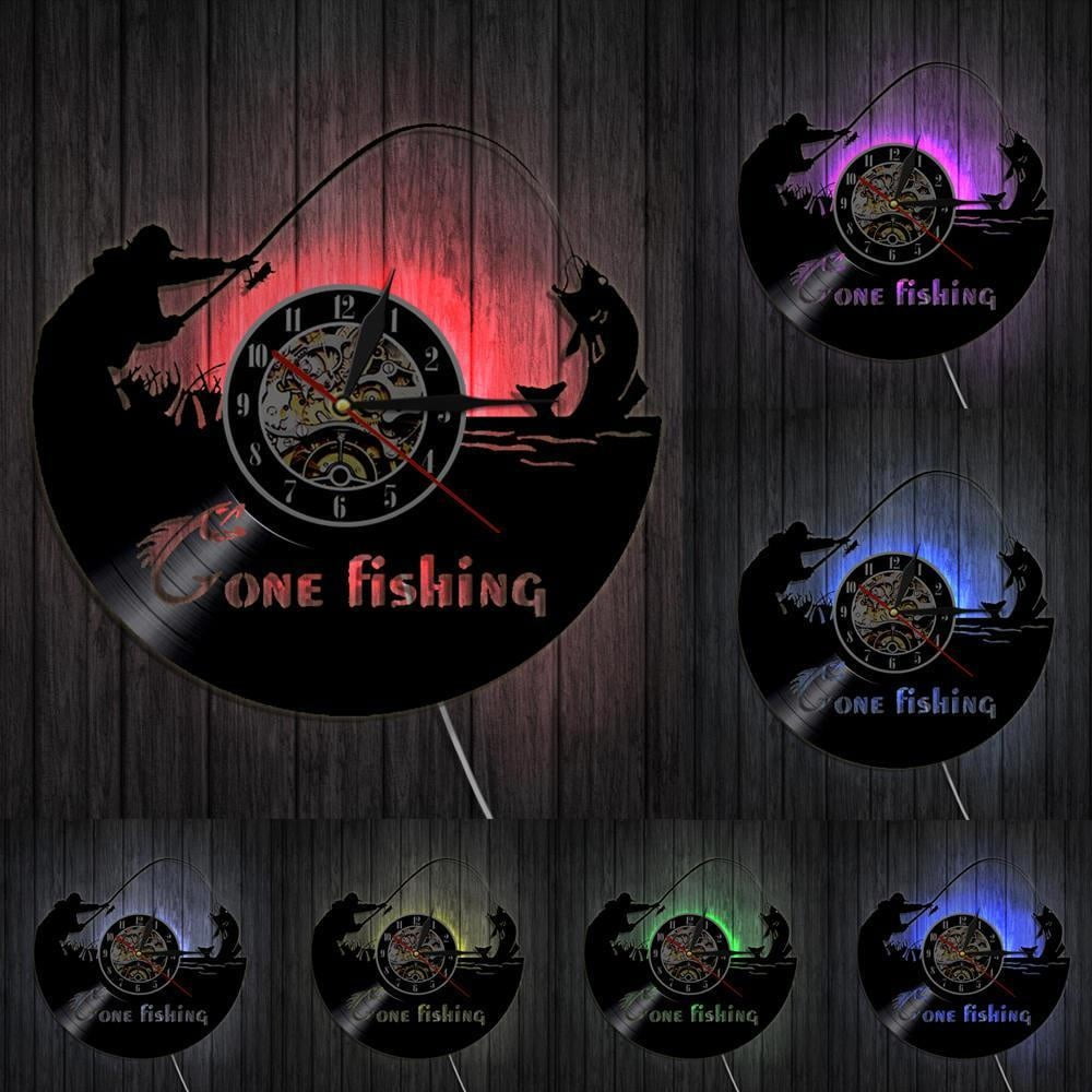 Gone Fishing Wall Art Sign Fish Rod Fisherman Wall Clock Interior ...