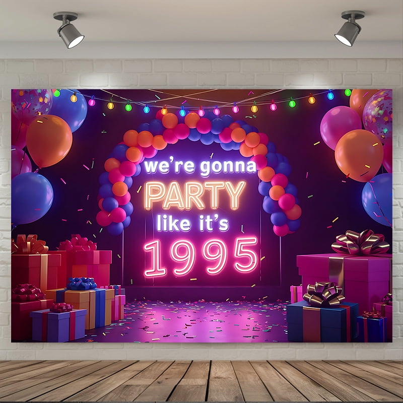 We're Gonna Party Like It's 1975 Backdrop Purple Golden Neon Balloons ...