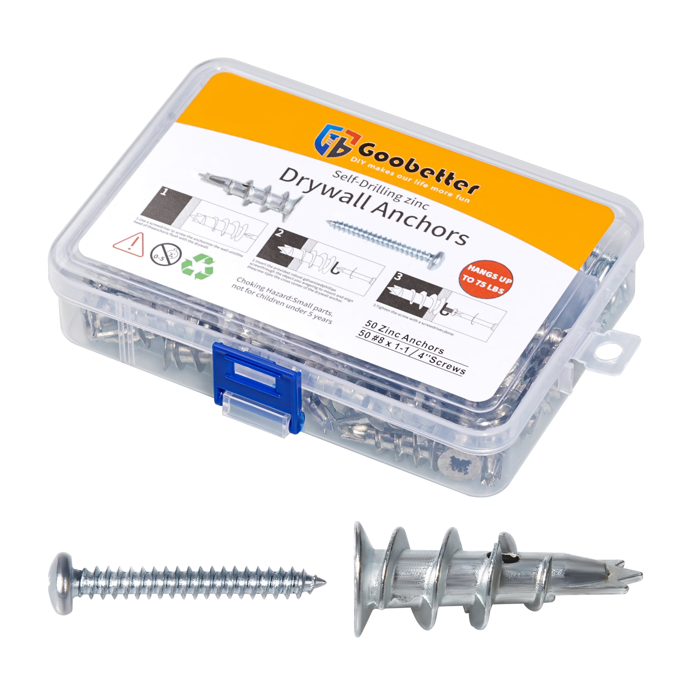 GooBetter Drywall Anchors,100pcs #8 x 1-1/4" wall anchors for drywall ...