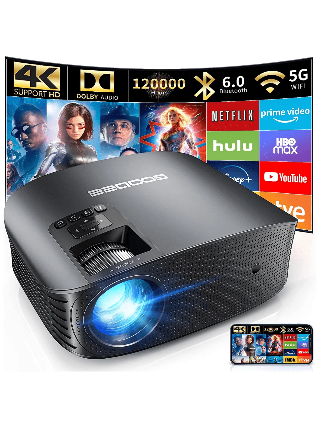 GooDee Projector 4K with WiFi and Bluetooth Supported, FHD 1080P Mini ...