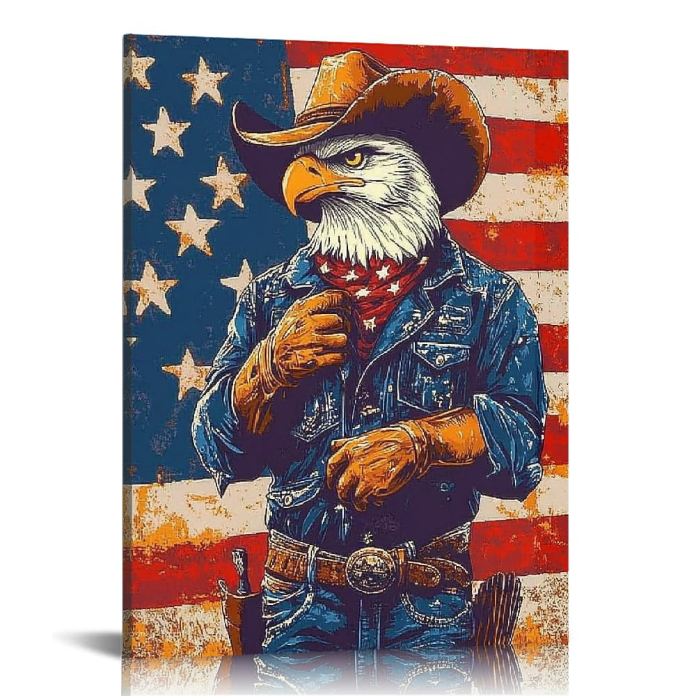 GooTPa 4th of July Patriotic Canvas Wall Art, Bald Eagle in Cowboy ...
