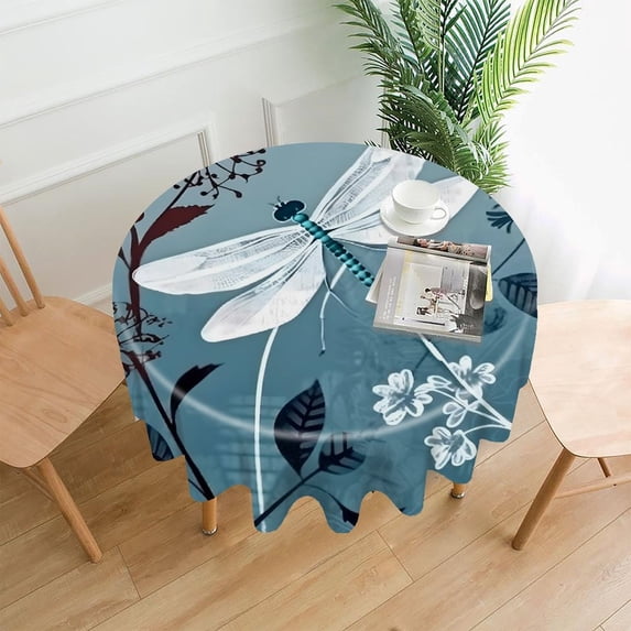 GooTPa 60 Inch Round Tablecloth, Dragonfly Blue Silhouette Flowers ...