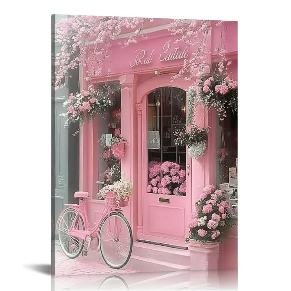 GooTPa Charming Pink Flower Shop Scene with Vintage Bicycle Canvas Wall ...