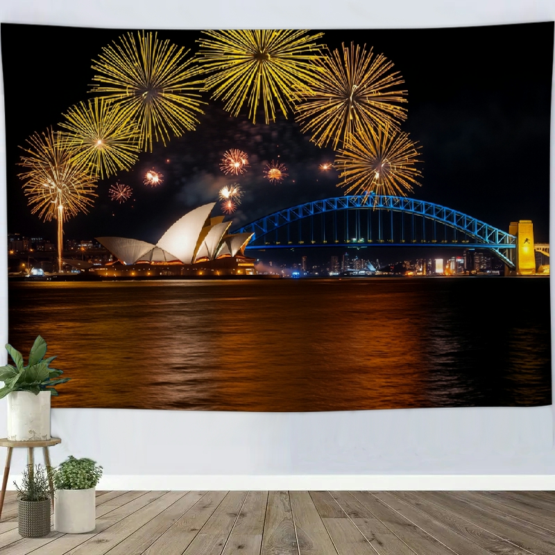 GooTPa City Bridge Wall Art Tapestry, Night Fireworks ShowHanging ...