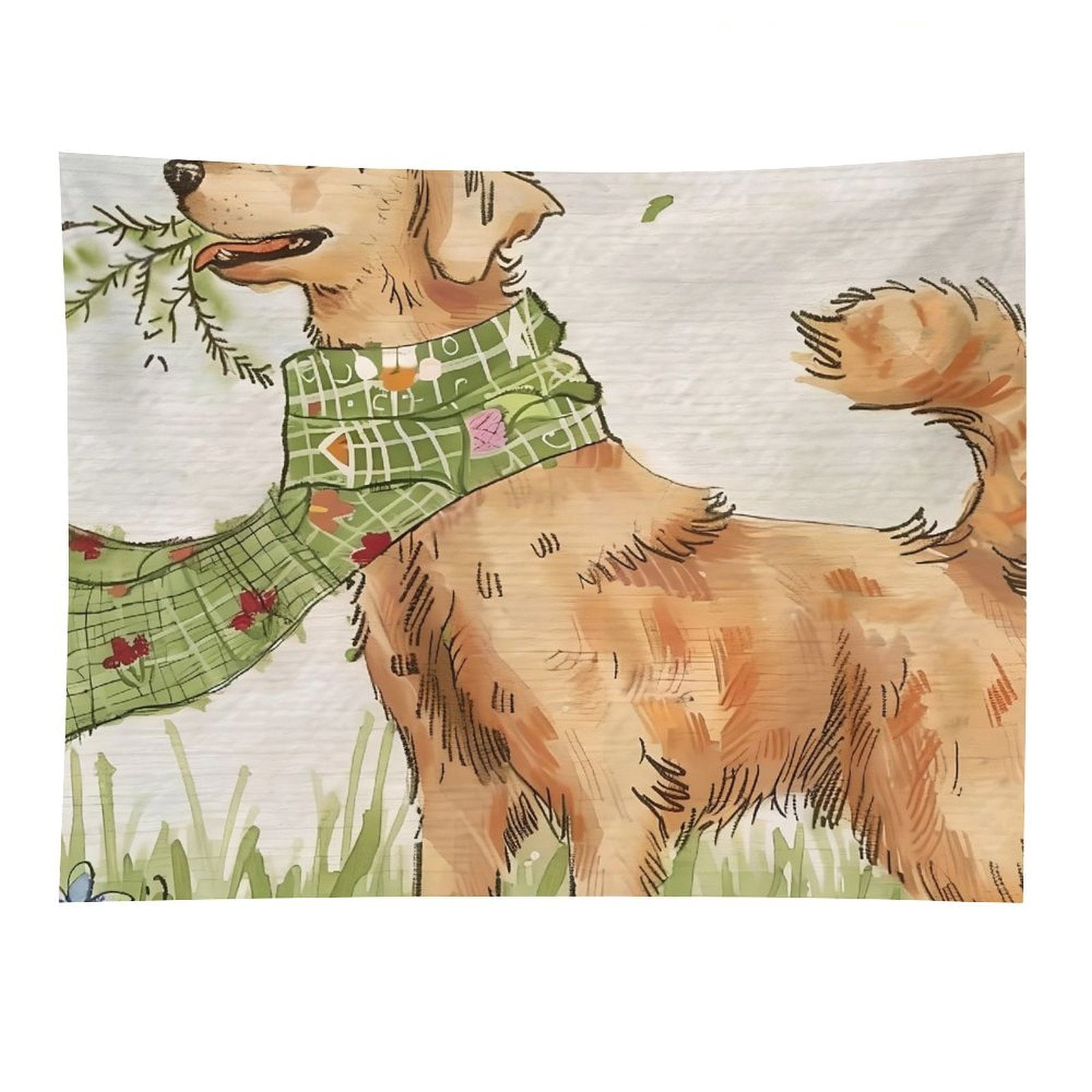 GooTPa Dog Butterfly Flowers Grass Polyester Wall Tapestry Anti Wrinkle ...