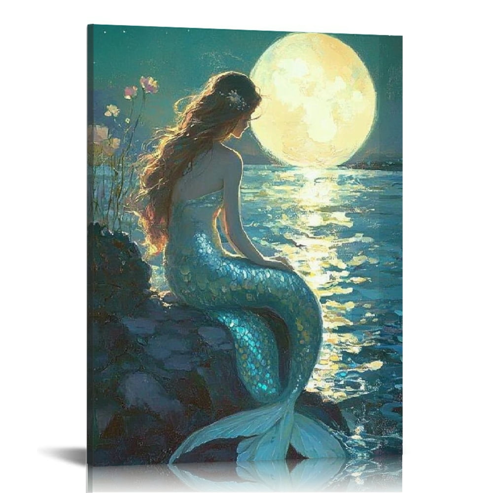 GooTPa Enchanting Mermaid in Moonlight Ocean Scene Canvas Wall Art ...