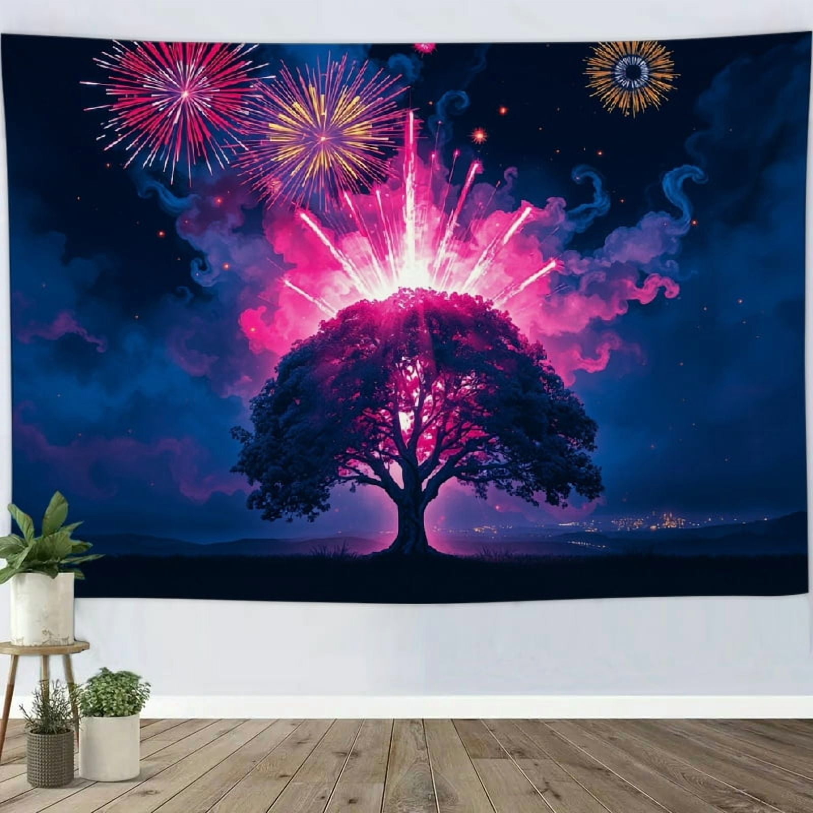 GooTPa Fantasy Flames Tree Tapestry, Plains Night Sky Fireworks Show ...