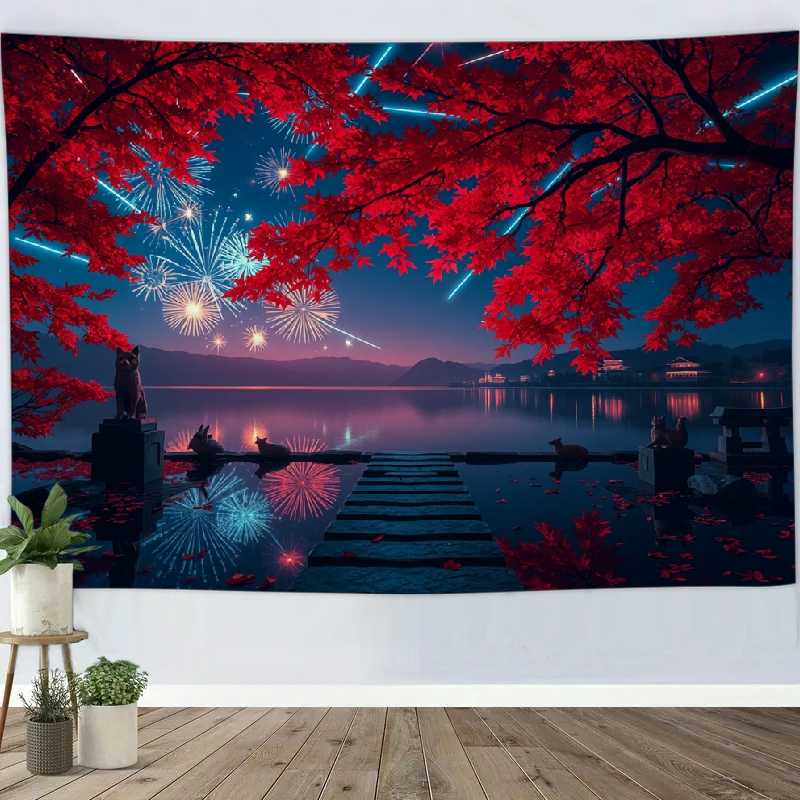 GooTPa Lakeside Maple Leaves Night Fireworks Theme Tapestry, Autumn ...