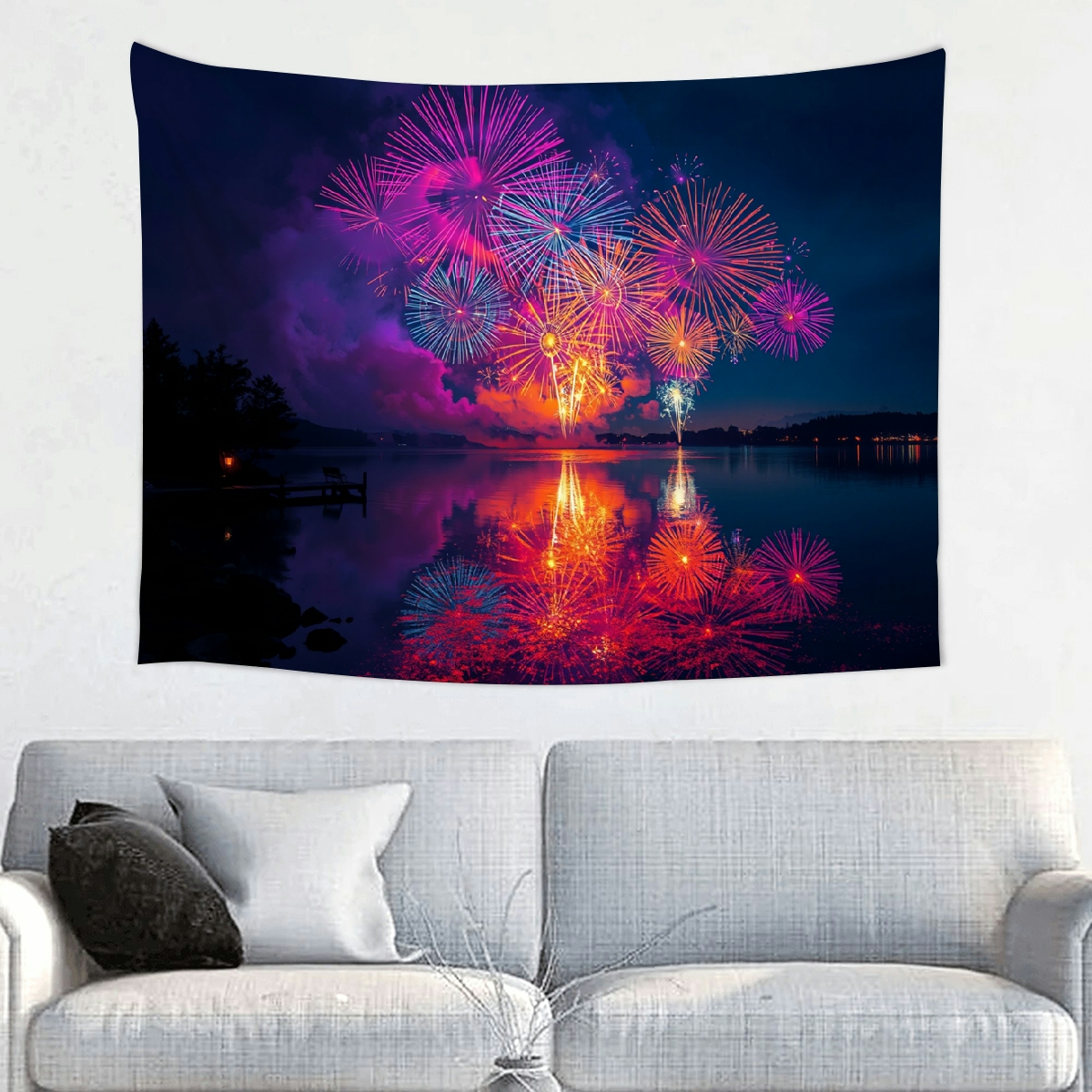 GooTPa Lakeside Night Landscape Theme Tapestry, New Year Fireworks Show ...