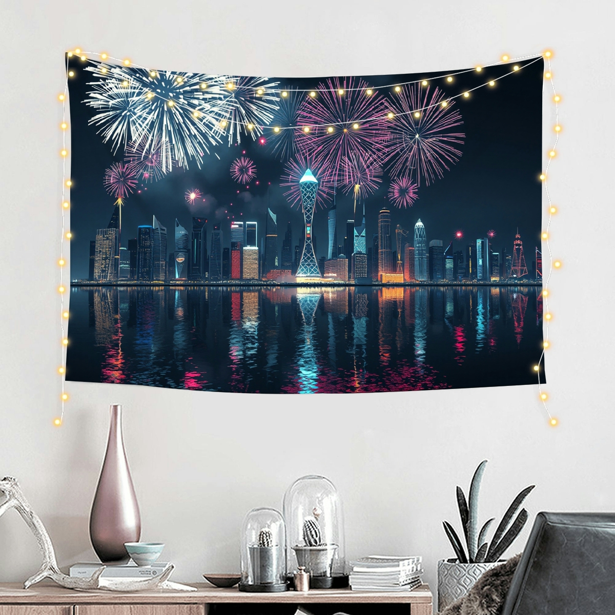 GooTPa Modern Urban Tower Landmark Theme Tapestry, Fireworks ...