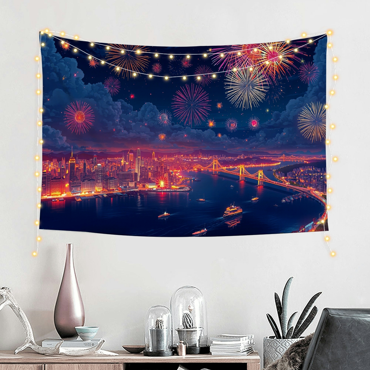 GooTPa Night Harbor Fireworks Show Tapestry, Modern Urban Nightscape ...