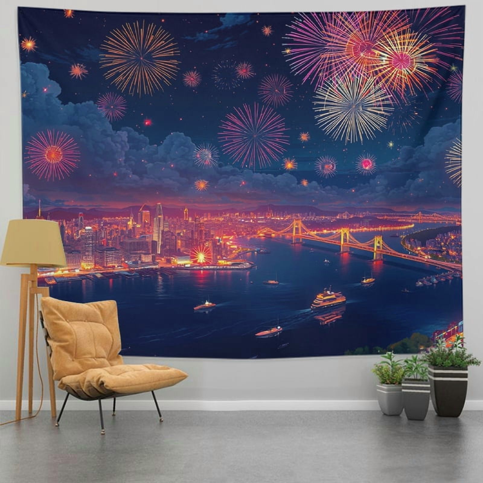 GooTPa Night Harbor Fireworks Show Tapestry, Modern Urban Nightscape ...