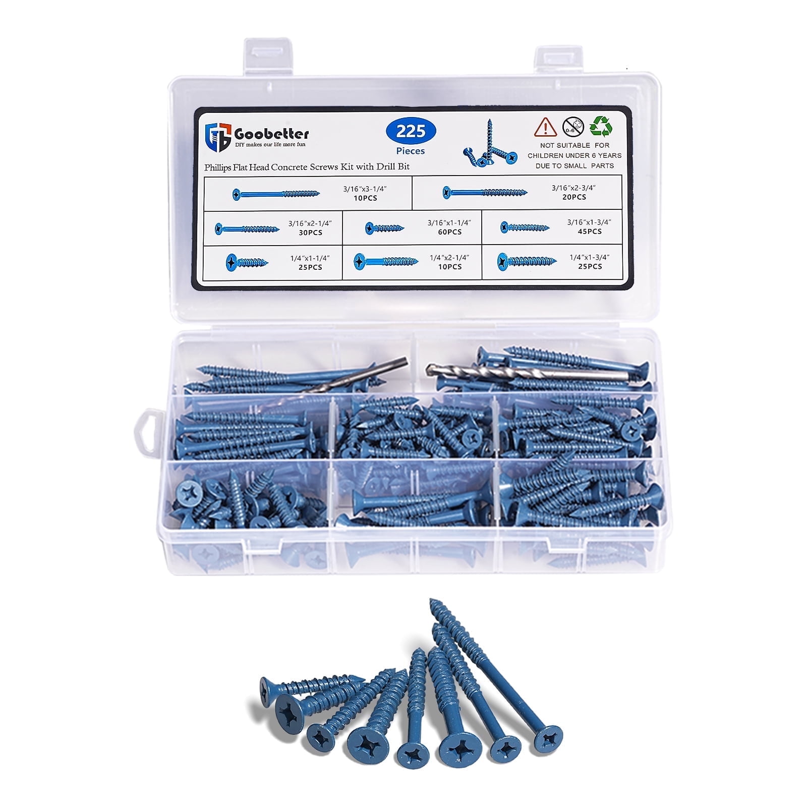 Goobetter 225PCS Concrete Screw Kit w/2 Drill Bits, Hex Head Masonry ...