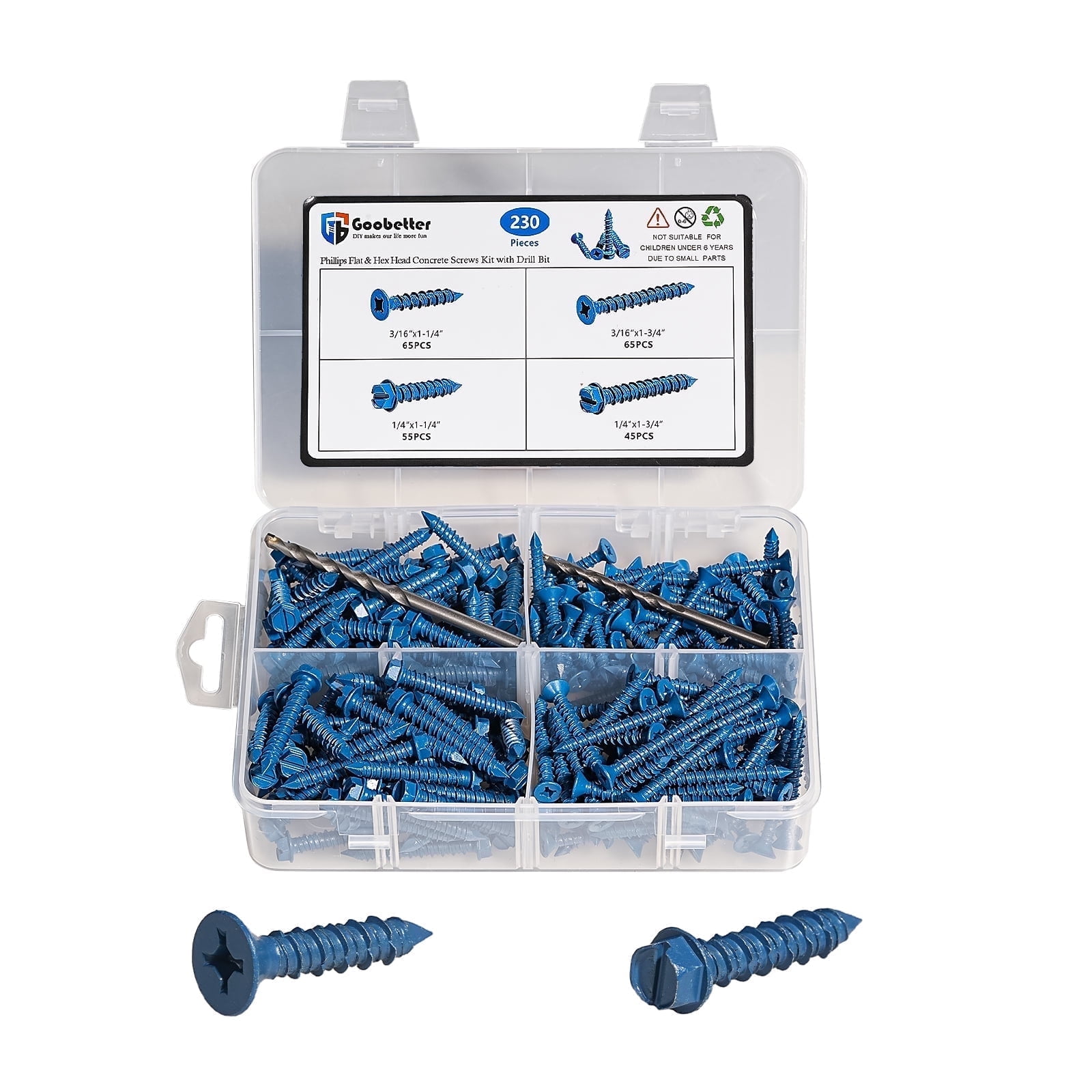 Goobetter 230PCS Concrete Screw Kit w/2 Drill Bits, Hex Head Masonry ...