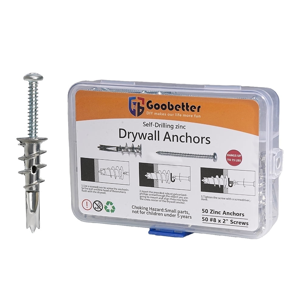 Goobetter Drywall Anchors and Screws Kit, 100 Pcs Self Drilling Drywall ...