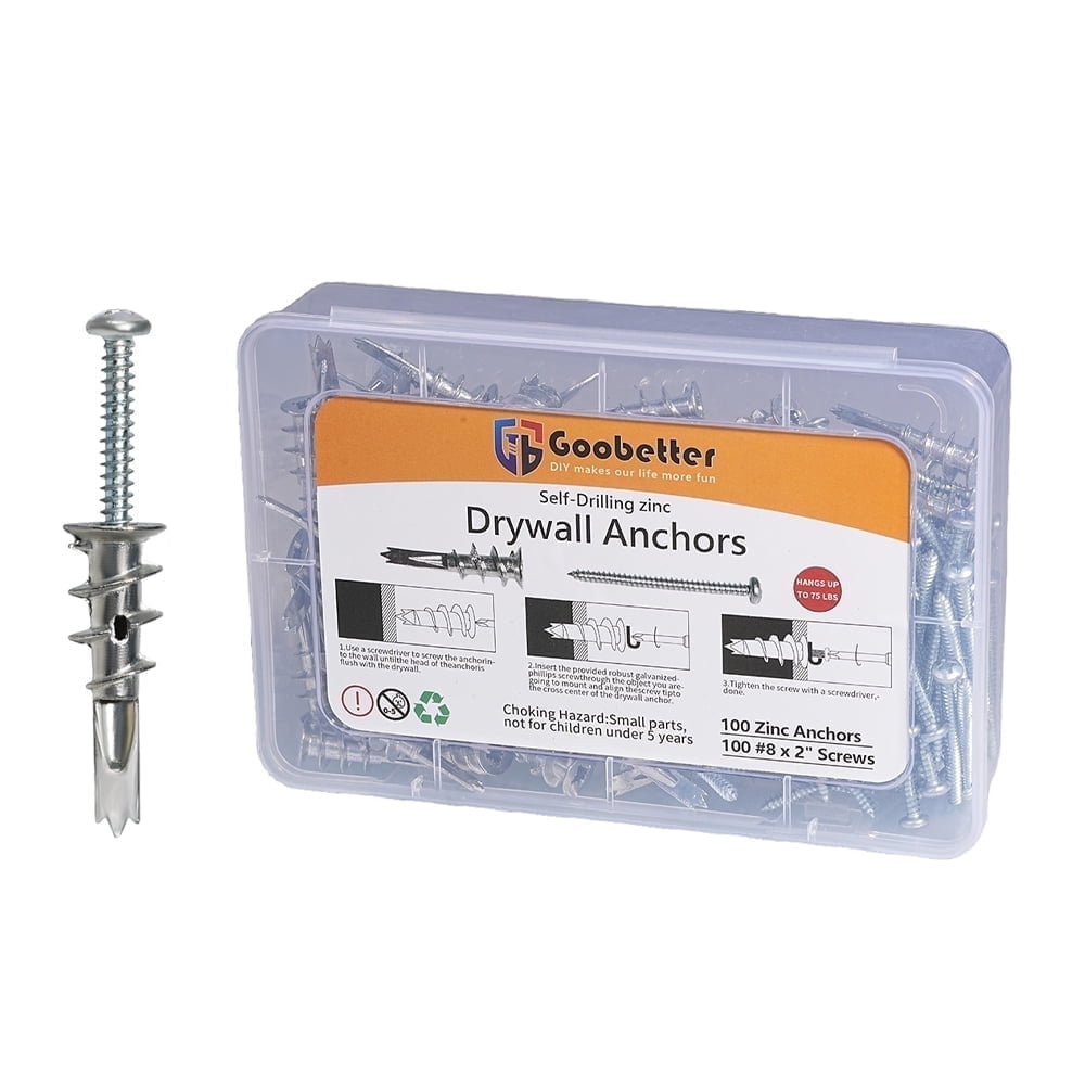 Goobetter Drywall Anchors and Screws Kit, 200 Pcs Self Drilling Drywall ...