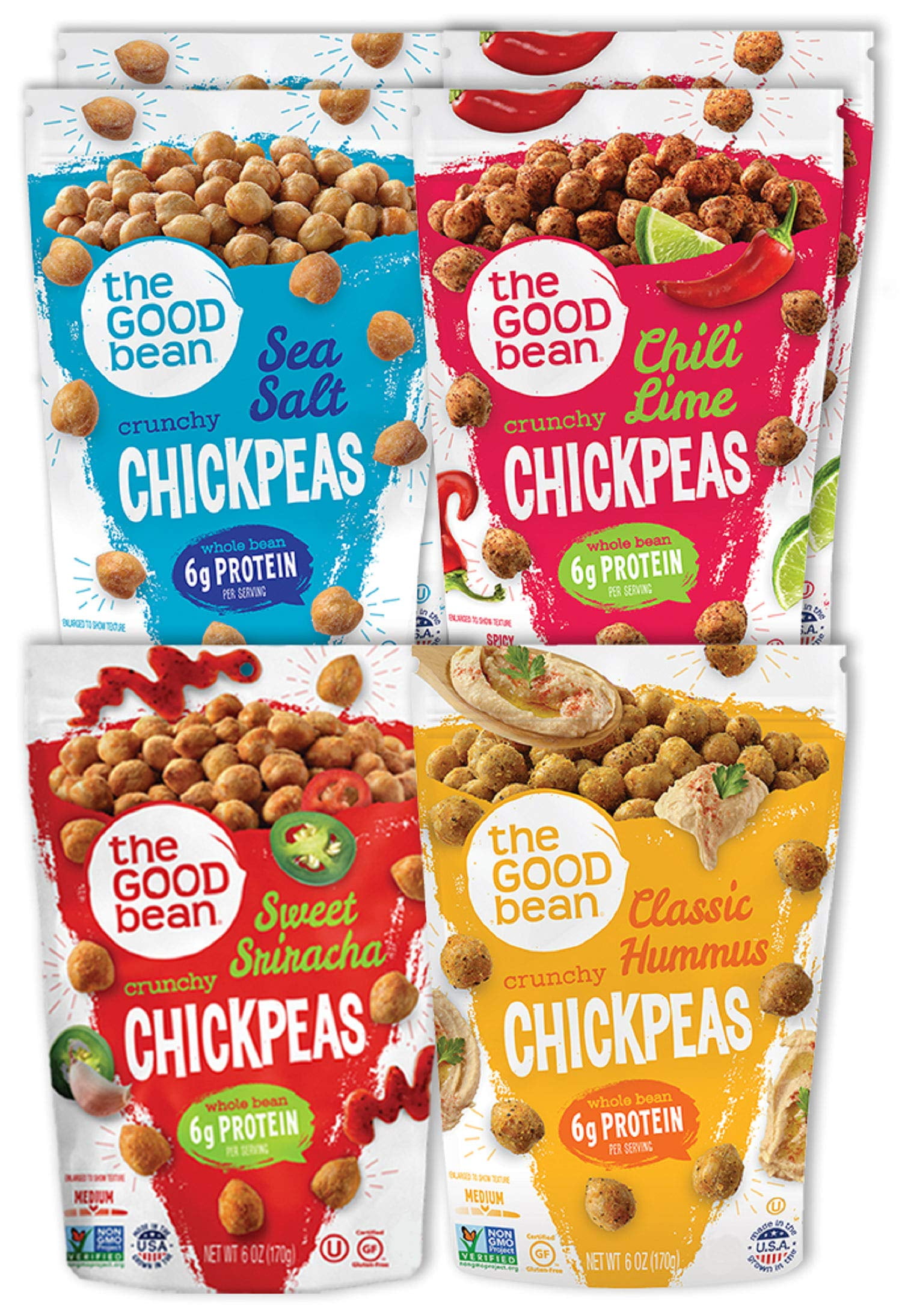 The Good Bean Crunchy DMF15 Chickpeas - Variety Pack - oz - Sea Salt, Chili Lime, Sweet Sriracha ...