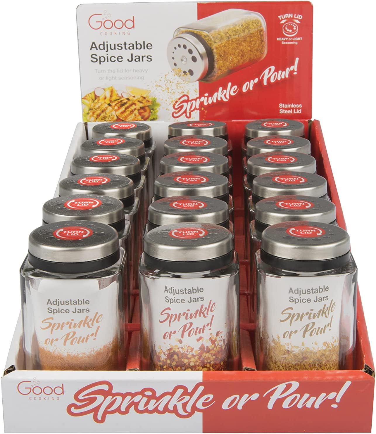 Good Cooking Adjustable Glass Spice Jars- Set of 6 Seasoning Shakers ...