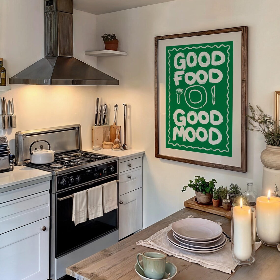 Good Food Good Mood – Playful Kitchen Wall Art Print, Green Dining Room ...