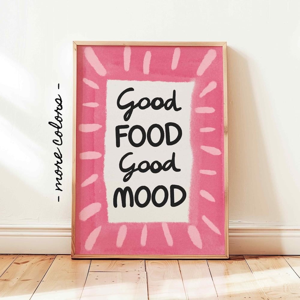 Good Food Good Mood Print, Pink Kitchen Poster, Girly Modern Dining ...