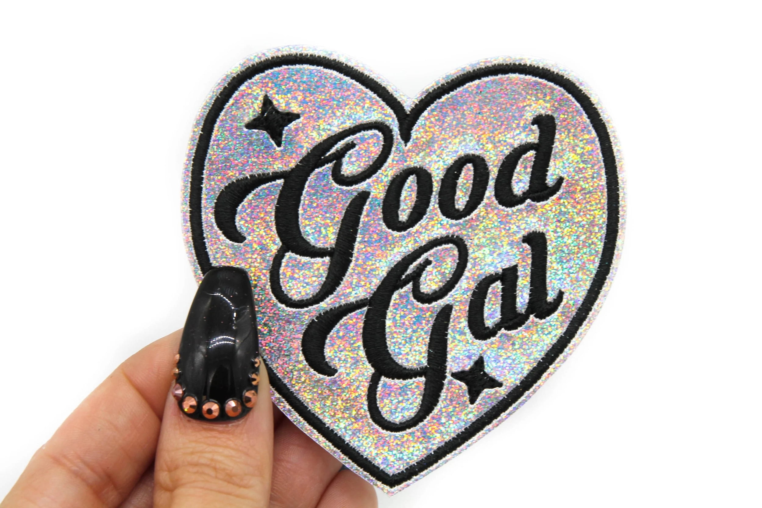 Good Gal Silver Glitter Heart Holographic Vinyl Iron On Embroidered ...