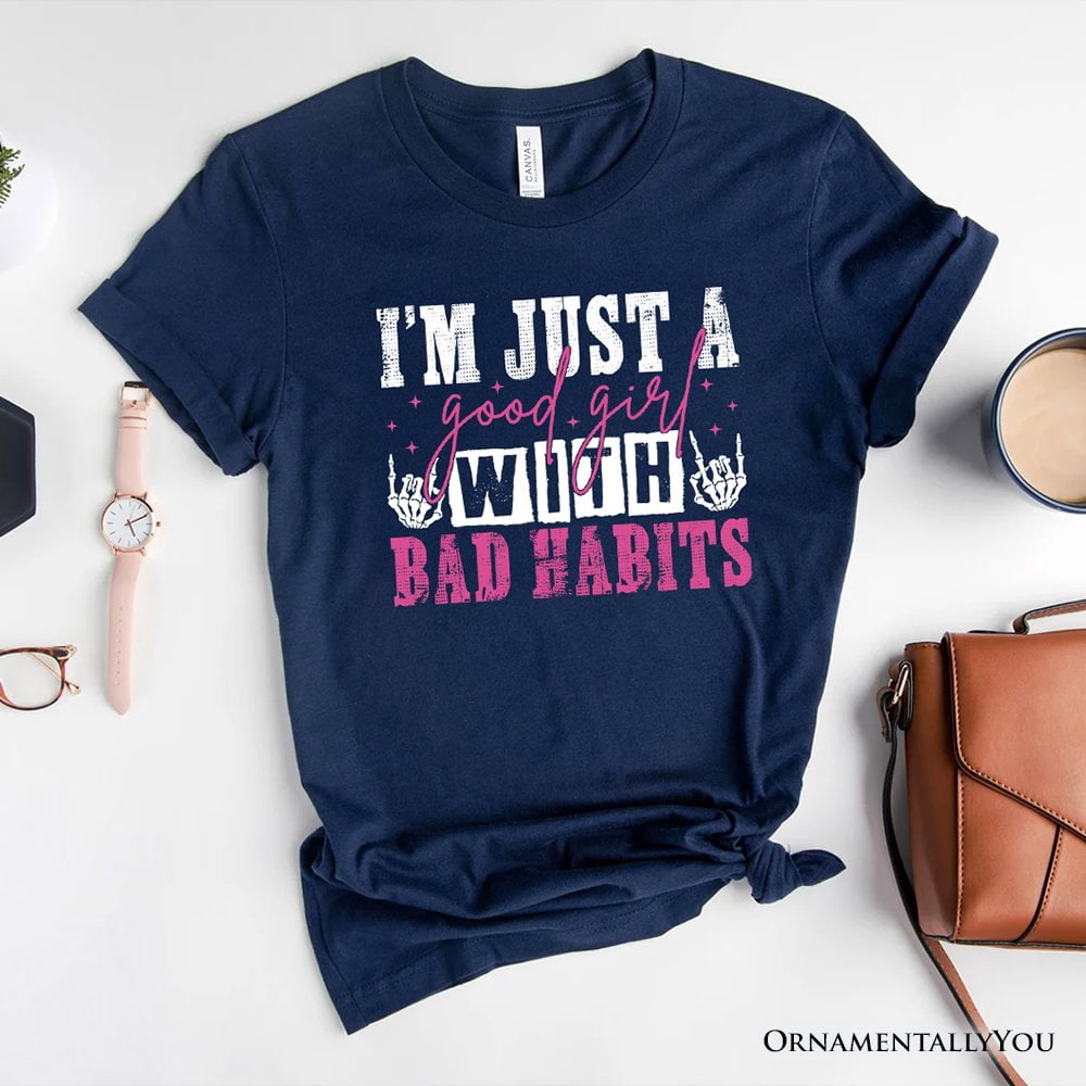 Good Girl with Bad Habits T-Shirt, Grunge Pink and Skeleton Hands Navy ...