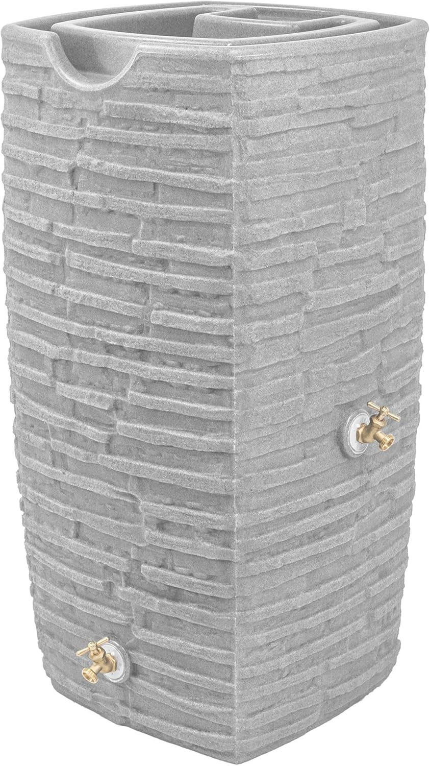 Good Ideas Rain Barrel, Faux Slate Riverwalk w/ 2 Brass Spigots, 50-Gal ...
