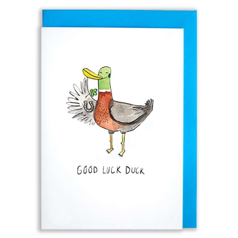 Good Luck Duck Greeting Card – Cheerful Duck Illustration with Blue ...